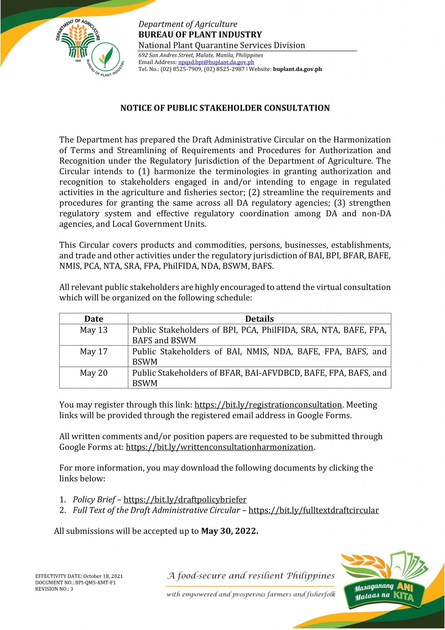 NOTICE OF PUBLIC STAKEHOLDER CONSULTATION – NPQSD
